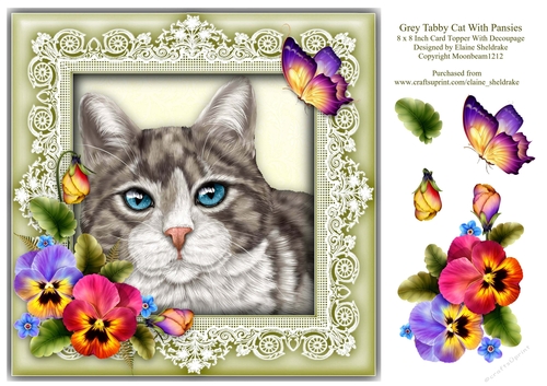 Solver Grey Tabby Cat 8 x 8 Card Topper With Pansy Decoupage ...