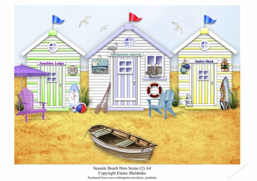 Three Lovely Beach Huts A4 Seaside Scene (2) - CUP976210_604 | Craftsuprint