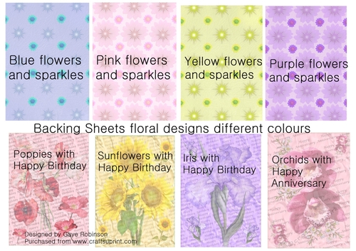Floral 8 backing sheets 4 with script various colours and flowers ...