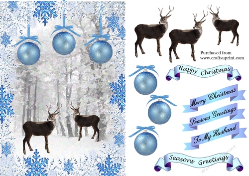 Snow covered trees with deer in snowflake frame with baubles ...