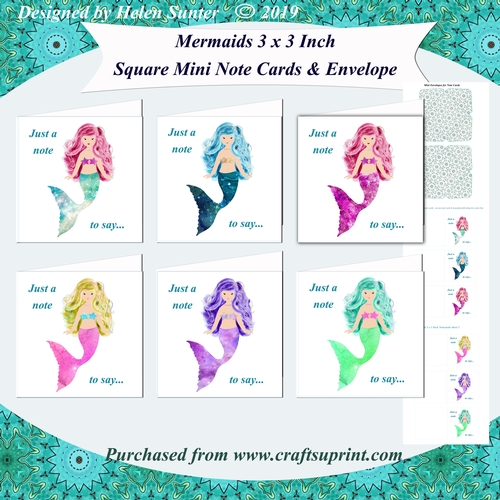 Mermaids 3 x 3 Inch Square Mini Note Cards and Envelope Set ...