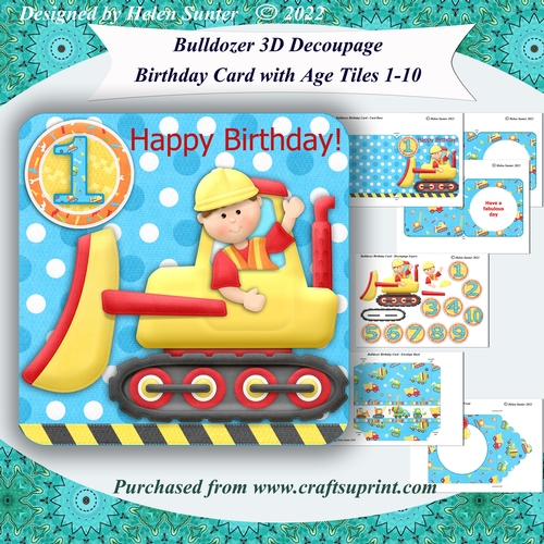 Bulldozer 3D Decoupage Birthday Card with Age Tiles & Envelope ...