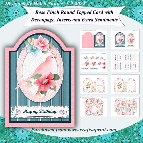 Rose Finch Round Topped Decoupage Card with Envelope, Inserts and 22 ...