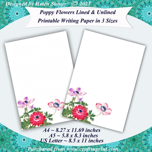 Poppy Flowers Stationery, Lined & Unlined Writing Paper, A4 A5 US ...