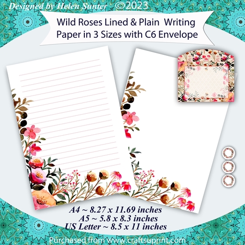 Wild Roses Floral Stationery, Lined & Plain Writing Paper, A4 A5 US ...