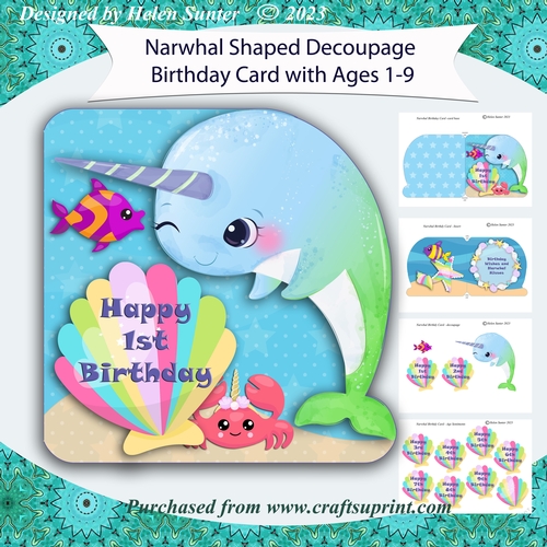 Narwhal Shaped Decoupage Birthday Card with Ages 1-9 - CUP1239183_92133 ...