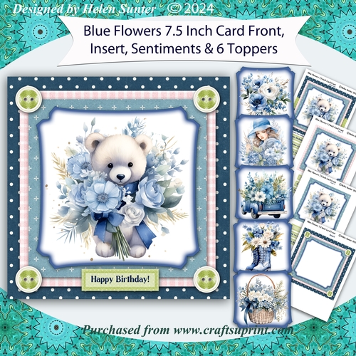 Blue Flowers 7.5 Inch Card Front with Insert and Sentiment and 6 ...