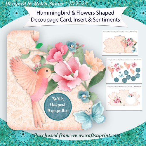Hummingbird and Flowers Shaped Decoupage Card with Insert and ...