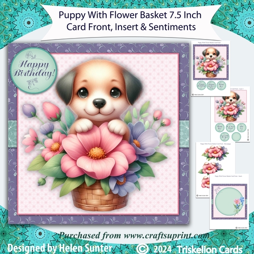 Puppy Dog with Flower Basket 7.5 Inch Card Front with Decoupage and ...