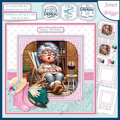 GARDEN SNOOZE LADY Humorous 7.5 Card Kit & Optional Decoupage - CUP1379991_68 | Craftsuprint