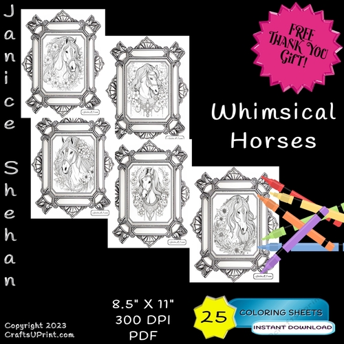 25 WHIMISCAL HORSES, HORSE, BEAUTIFUL, ADULT COLORING PAGES, COLORING ...