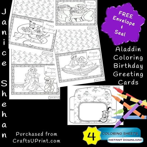 4 HAPPY BIRTHDAY ALADDIN JASMINE TODDLER EASY COLORING COLOURING CARDS ...
