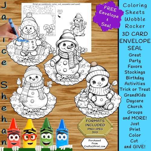 4 ADORABLE CHILDREN COLORING CARDS CHRISTMAS SNOWMAN SNOWMEN 3D WOBBLE ...