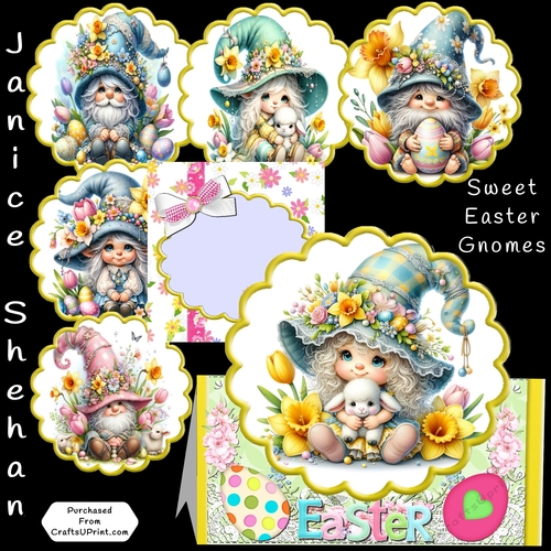ADORABLE EASTER, GNOMES, TENT CARD, ENVELOPE, DECOUPAGE, 6 FRONTS ...