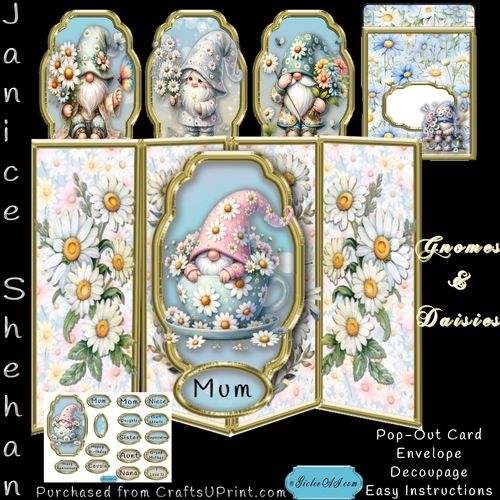 GNOMES AND DAISIES, 4 SEPERATE FRONTS, 3D CENTER POP OUT CARD, ENVELOPE ...