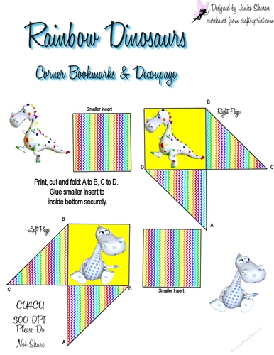 RAINBOW DINOSAURS CORNER BOOKMARK BOOK MARK DECOUPAGE - CUP728581_2049 ...