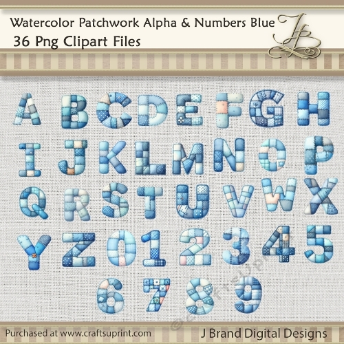 Watercolor Patchwork Alpha & Numbers Blue - CUP1372692_95270 | Craftsuprint