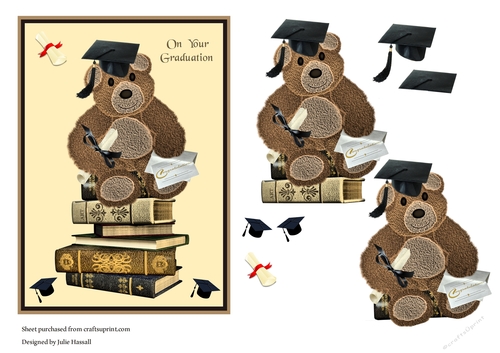 Graduation card with teddy, books, mortar board and certificate ...