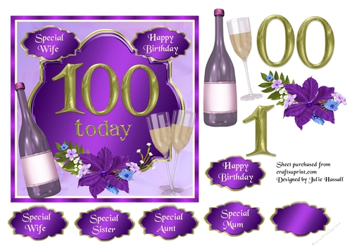100th Birthday card topper with wine, glasses and flowers - CUP759750 ...