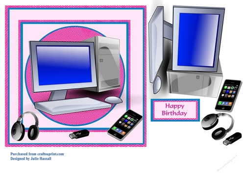 Pink Computer birthday card with headphones, memory stick and iphone ...