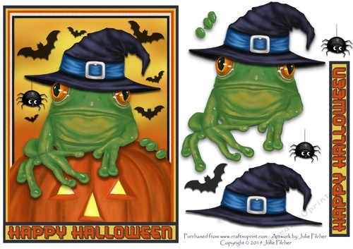 Hoppy Halloween ~ Frog on Pumpkin ~ Decoupage ~ 6 x 8 Card Topper ...
