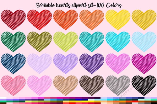 100 Scribble Hearts clipart set, Valentines day heart clipart, Heart ...