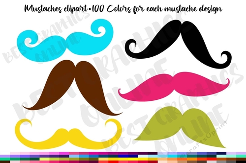 100 Colors Mustaches clipart set, Moustache clip art, Rainbow mustache ...
