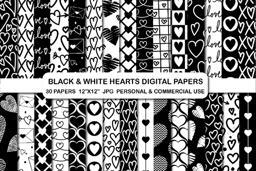 Black and white hearts Valentines digital paper pack, Valentines day ...