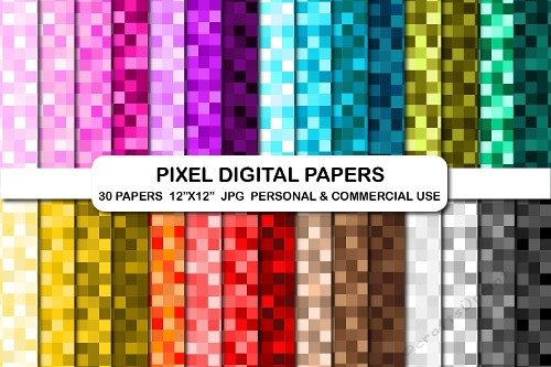 Pixel digital paper, Pixelated paper pack, Rainbow colors pixels papers ...