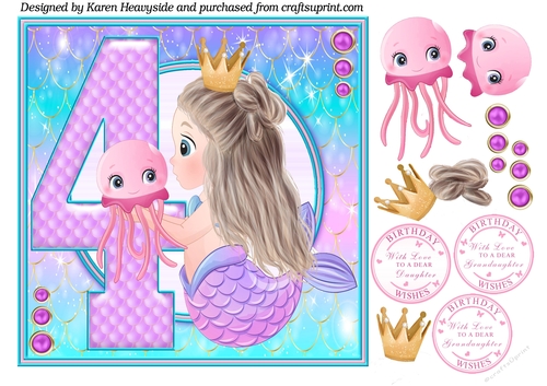 Mermaid 4th Birthday Quick Card Front - CUP1114083_45357 | Craftsuprint