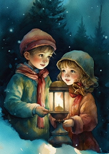 Vintage Victorian Christmas Children Scene Card Watercolour Style ...