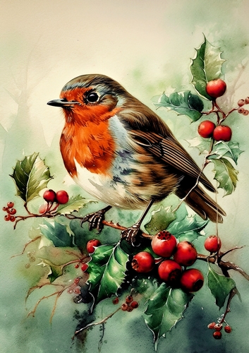 Vintage Victorian Christmas Robin And Holly Snow Scene Card Watercolour ...