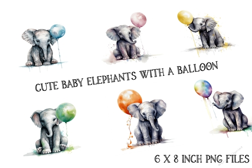 Whimsical Cute Baby Elephants With A Balloon Watercolour Illustrations ...