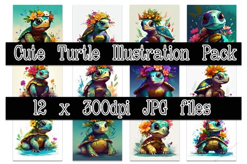 Whimsical Cute Adorable Cartoon Turtles With Flowers Watercolour Style ...