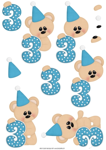 Birthday Bear Number 3 Blue - A4 Decoupage - CUP818089_75327 | Craftsuprint