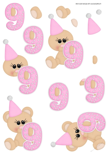Birthday Bear Number 9 Pink - A4 Decoupage - CUP818297_75327 | Craftsuprint