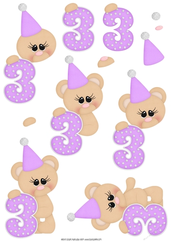 Birthday Bear Number 3 Purple - A4 Decoupage - CUP818303_75327 ...