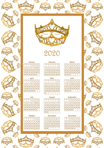 2020 calendar Queen of Hearts Gold Crown Tiara Border A4 sheet ...
