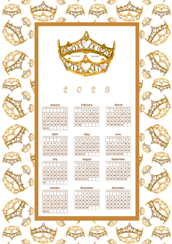 2023 calendar Queen of Hearts Gold Crown Tiara Pattern Border Art ...