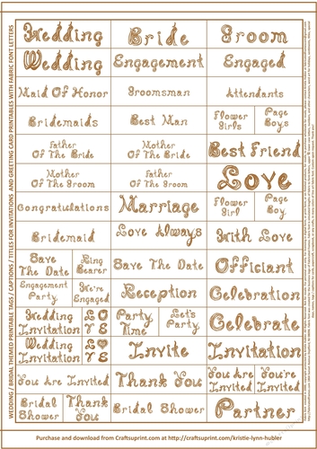 50 Wedding Party Themed Tags Captions Brown Fabric Font For Invitations ...