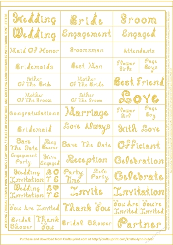 50 Wedding Party Themed Tags Captions Gold Fabric Font For Invitations ...
