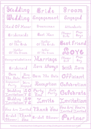 50 Wedding Party Themed Tags Captions Lilac Fabric Font For Invitations ...