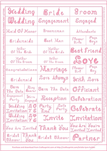 50 Wedding Party Themed Tags Captions Pink Fabric Font For Invitations ...