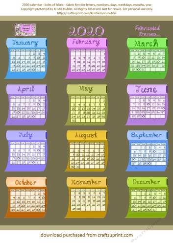 2020 calendar A4 sheet fabric font letters numbers with bolts of fabric ...