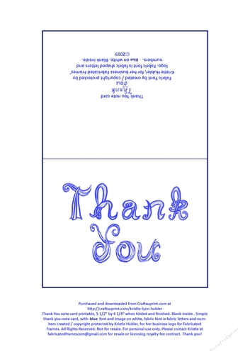 Printable Thank you note card with blue fabric font letters, blank ...
