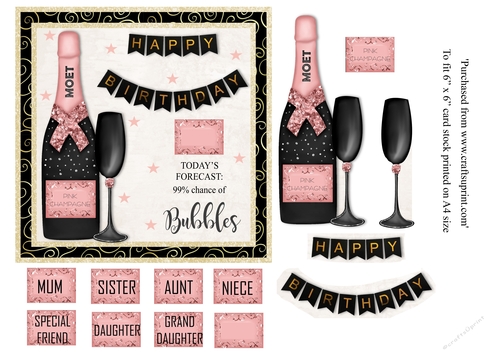 Pink Champagne birthday card 6x6 topper - CUP1055627_77176 | Craftsuprint