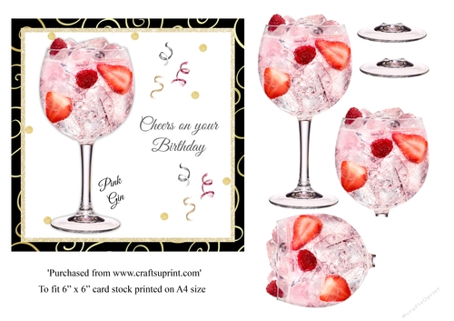 Pink Gin Cocktail birthday card topper for 6x6 card - CUP1116202_77176 ...