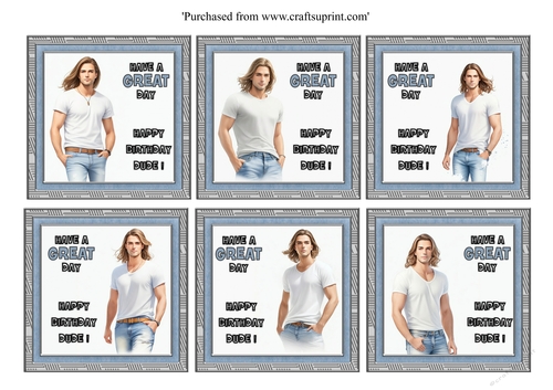 Set of 6 Young male with long brown hair birthday toppers for 8x8 cards ...