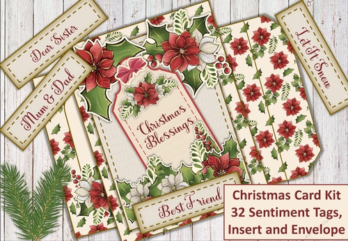 Christmas Flowers Card Kit 2. 32 sentiment tags, inserts and envelope ...