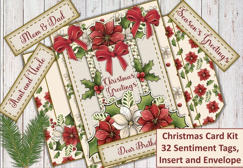 Christmas Flowers Card Kit 4. 32 sentiment tags, inserts and envelope ...